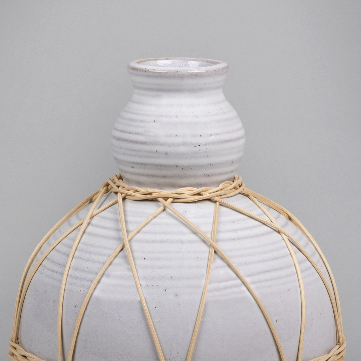HYGGE CAVE | WHITE STONE AND RATTAN DETAIL WIDE VASE